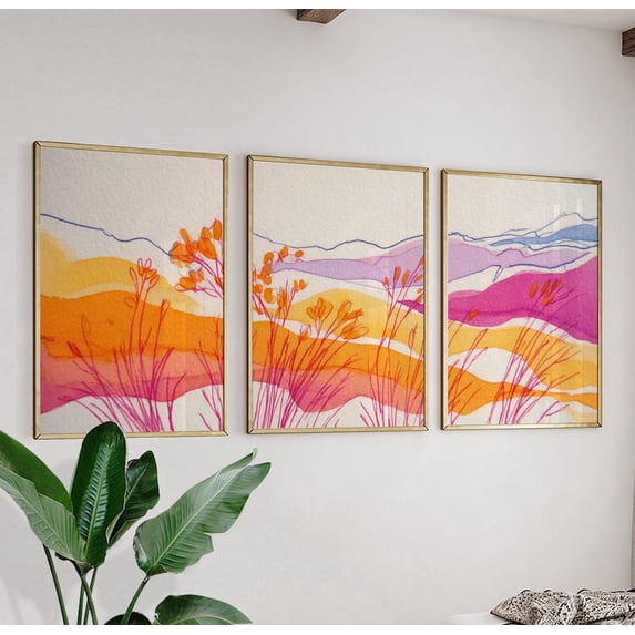 Abstract Landscape Botanical Orange Pink Line Illustration Triptych Set ...