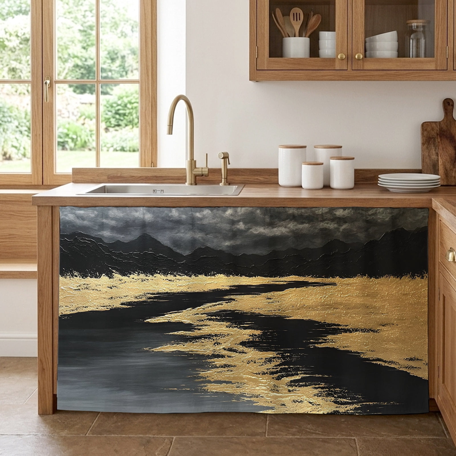 Abstract Landscape Cabinet Curtains 28" W x 51" L Black Mountains Gold ...
