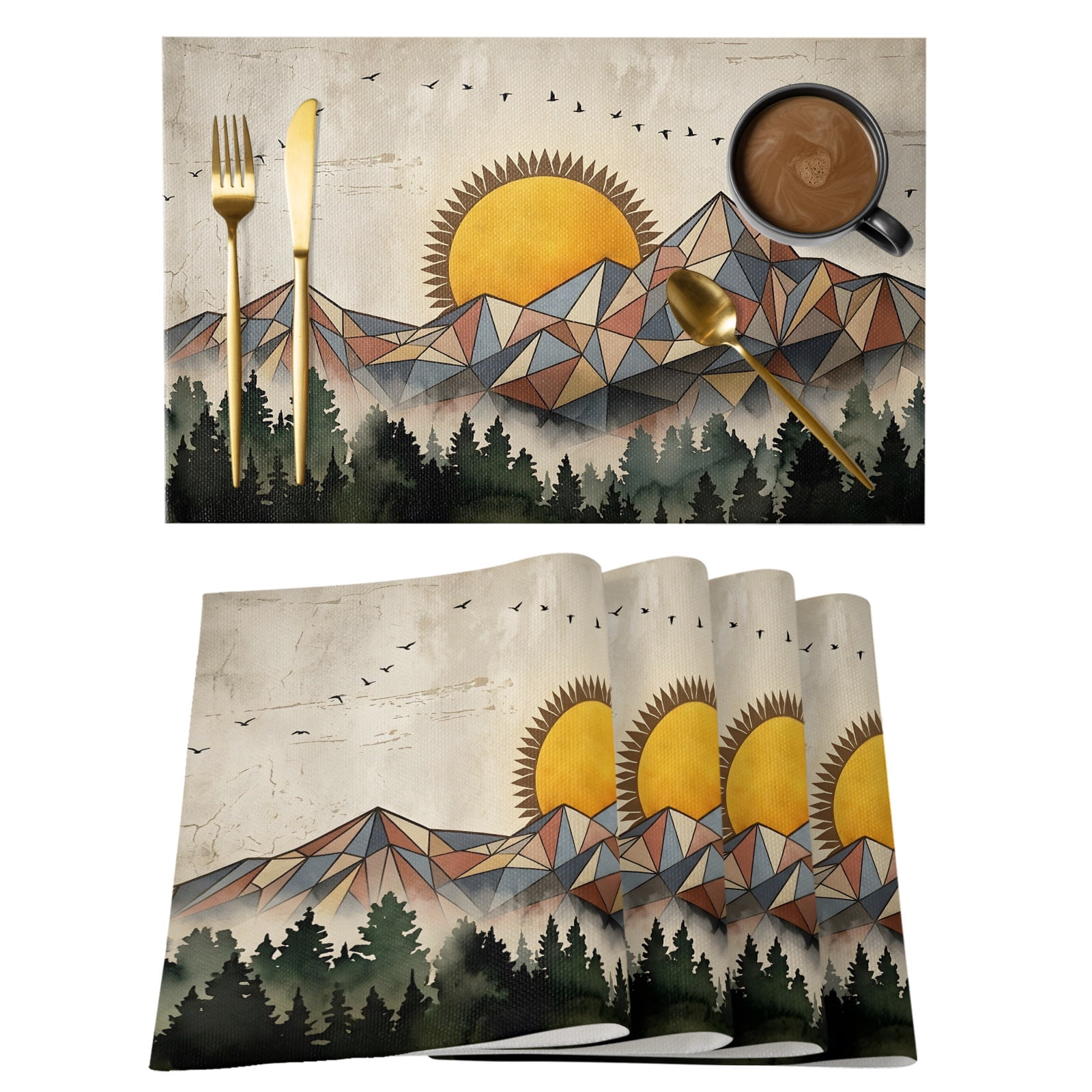Abstract Landscape Cotton Linen Placemats Set of 2, Geometric Mountains ...