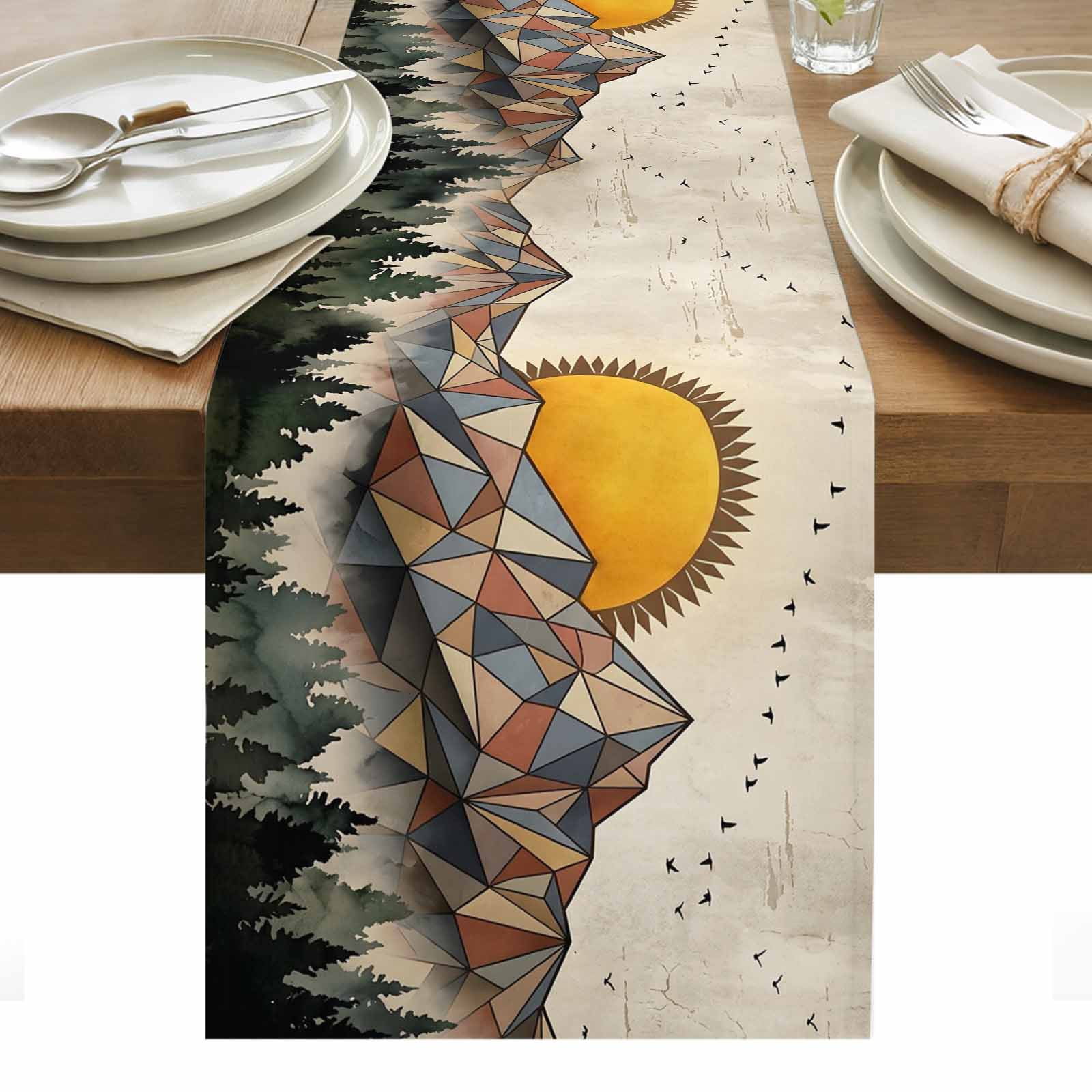 Abstract Landscape Cotton Linen Table Runner Geometric Mountains Sun ...