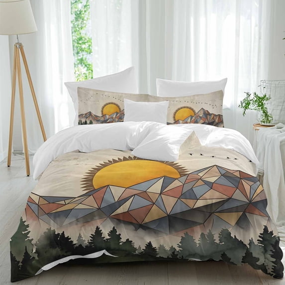 Abstract Landscape Duvet Cover Set Full Size, Geometric Mountains Sun ...