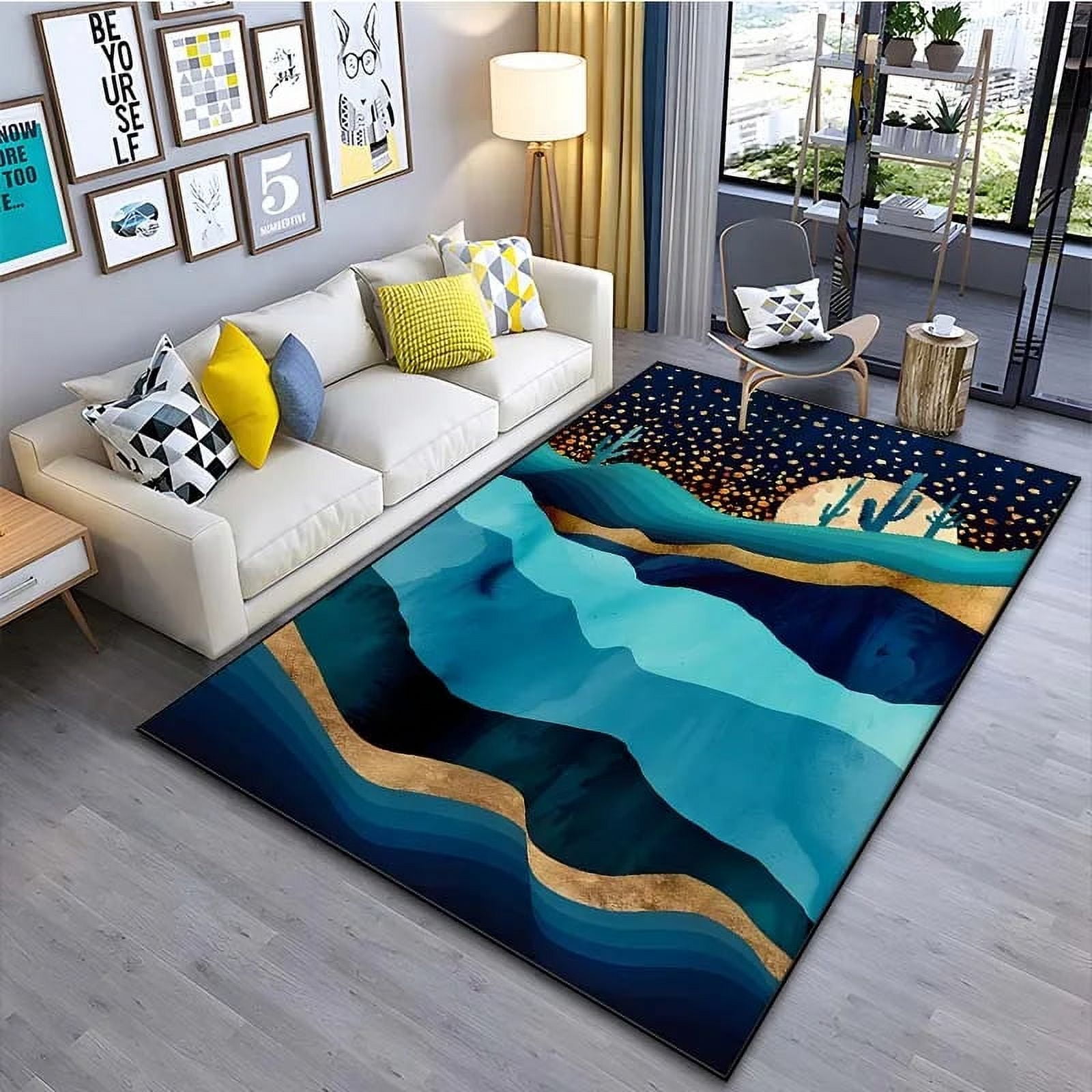 Abstract Landscape Moon Mountain Golden Pattern Floor Rug Nordic Living ...