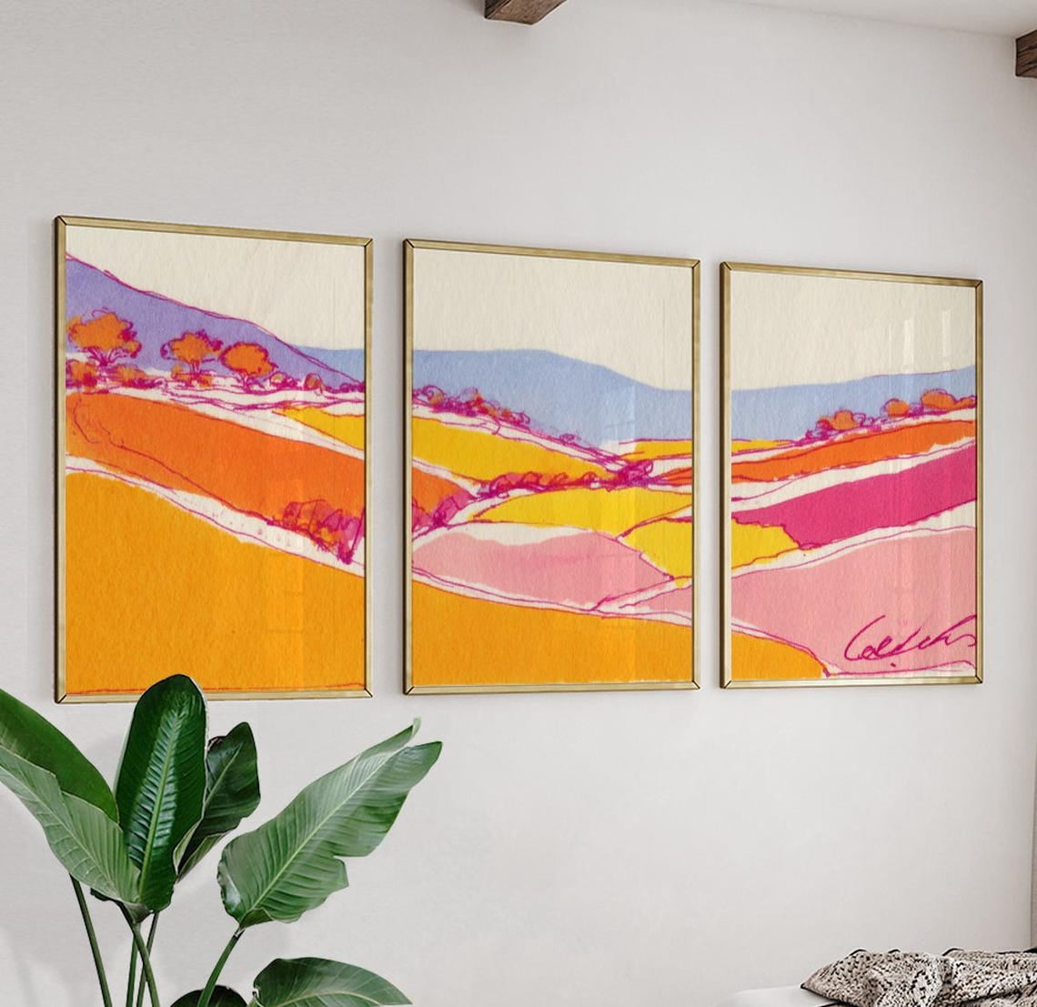 Abstract Landscape Orange Pink Modern Illustration Triptych Set 3 ...