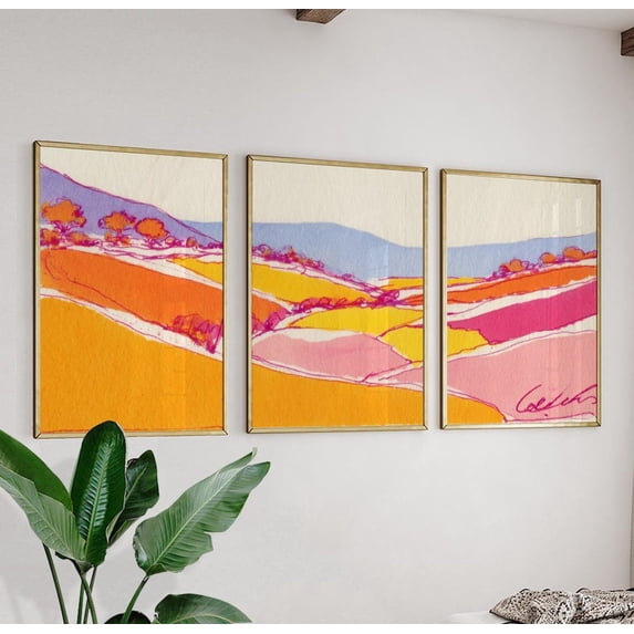 Abstract Landscape Orange Pink Modern Illustration Triptych Set 3 ...