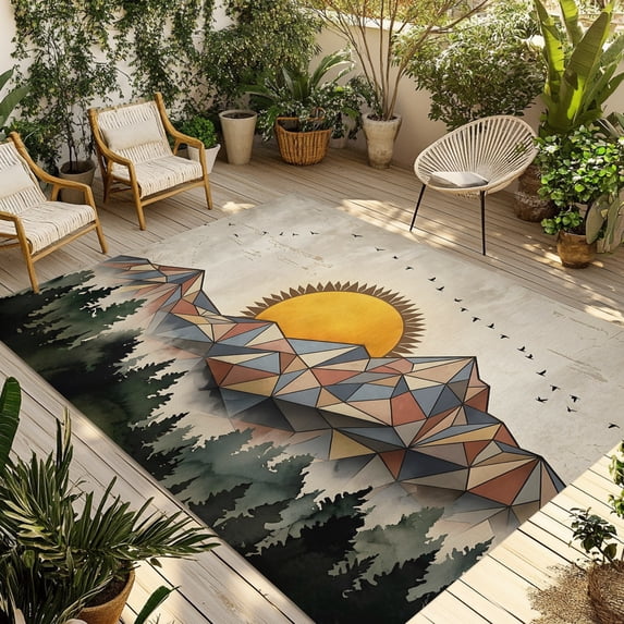 Abstract Landscape Outdoor Rug, Geometric Mountains Sun Bird Forest Non ...