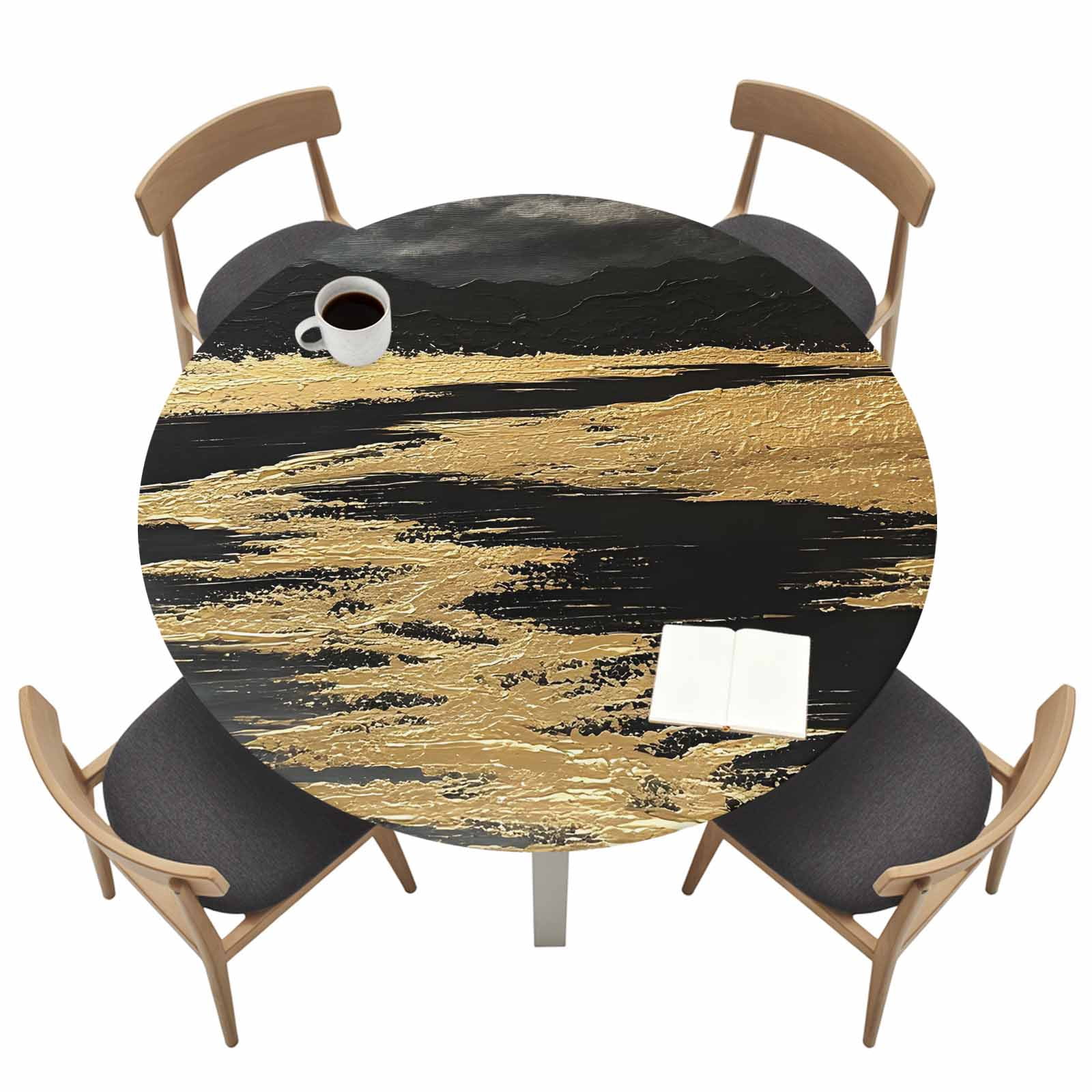 Abstract Landscape Round Fitted Table Cover Black Mountains Gold River ...