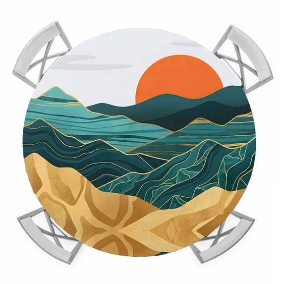 Abstract Landscape Round Table Cover, Mountain Peaks Hills Sun Boho ...