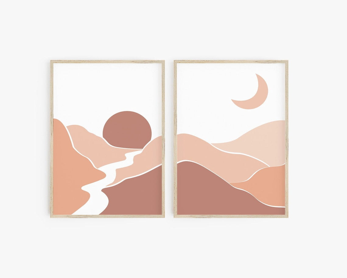 Abstract Landscape Set Sun Moon Neutral Wall Art Boho Nursery Decor Set ...