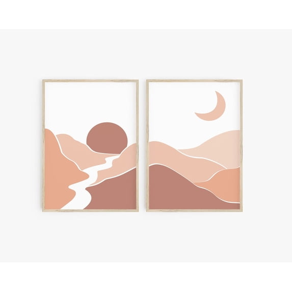 Abstract Landscape Set Sun Moon Neutral Wall Art Boho Nursery Decor Set ...