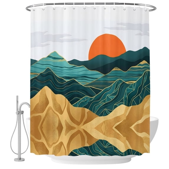Abstract Landscape Shower Curtain Set with Hooks, Mountain Peaks Hills ...