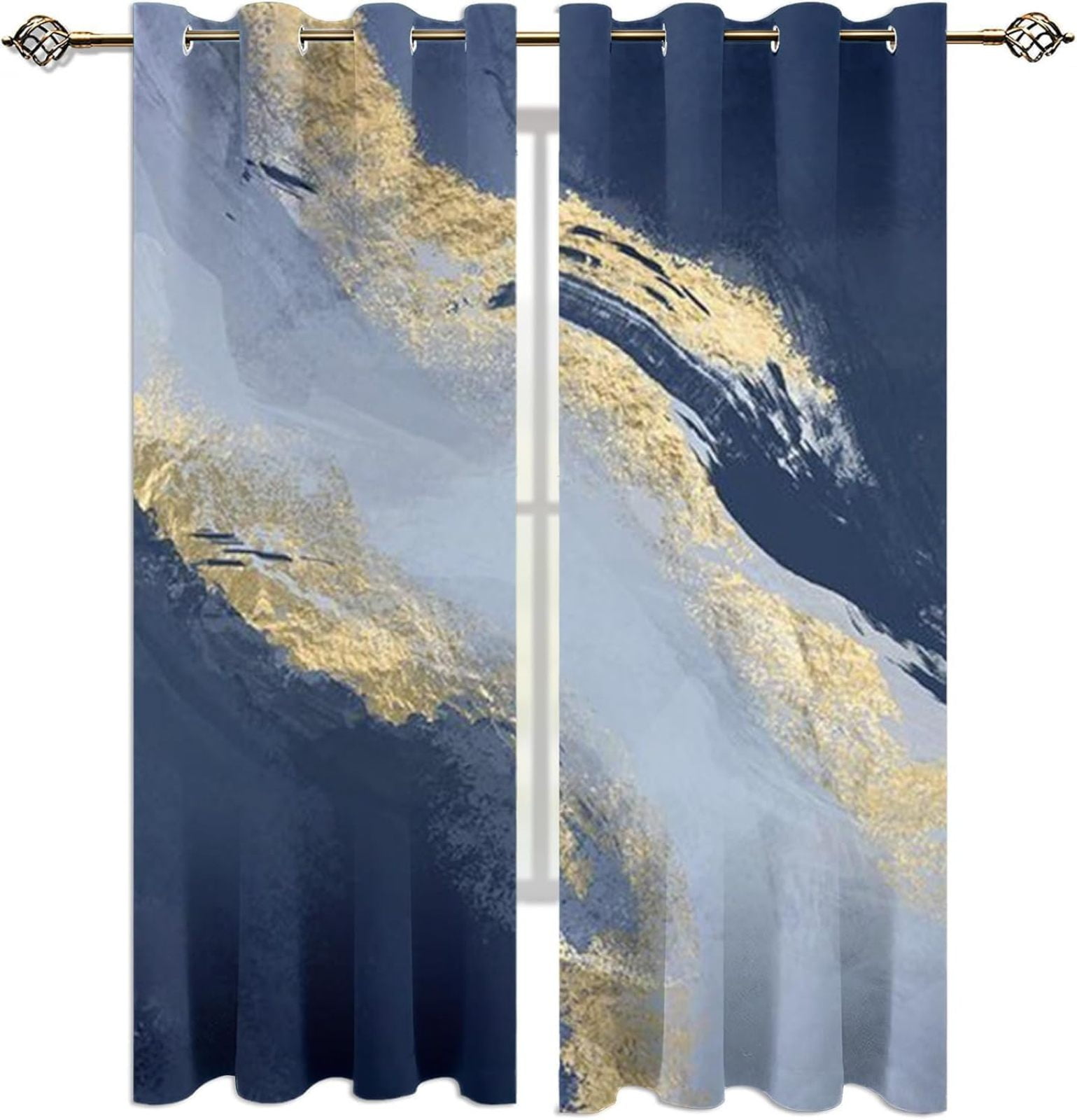 Abstract Landscape Soft Window Curtain, Creative Gold Foil 3D Valance Pattern Window Drapes For ...