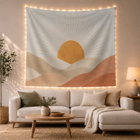 Abstract Landscape Sun with Earthy Mountain Dunes, Peaceful Minimalist ...