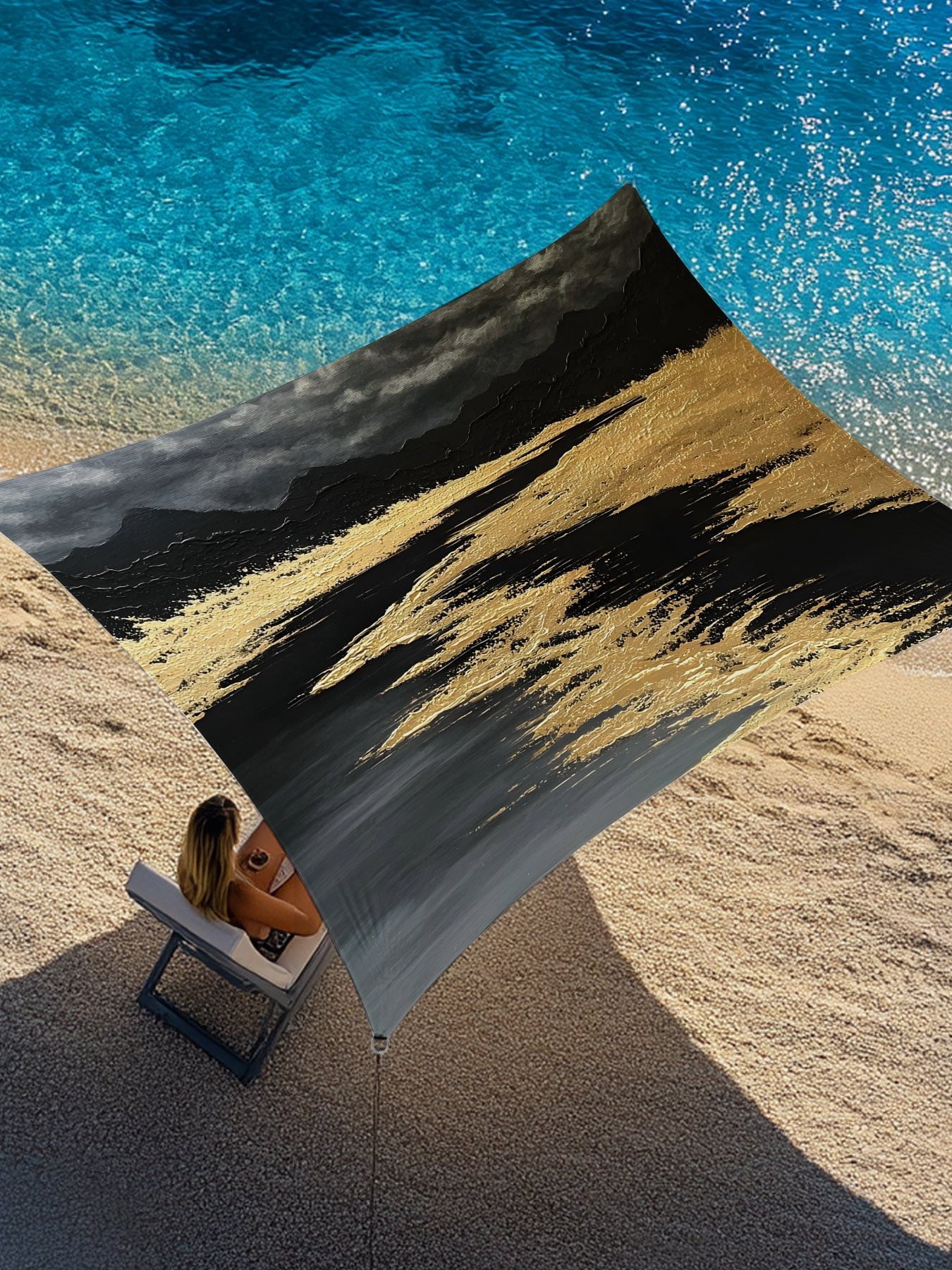 Abstract Landscape Sun Shade Sail 8' x 10', Black Mountains Gold River ...