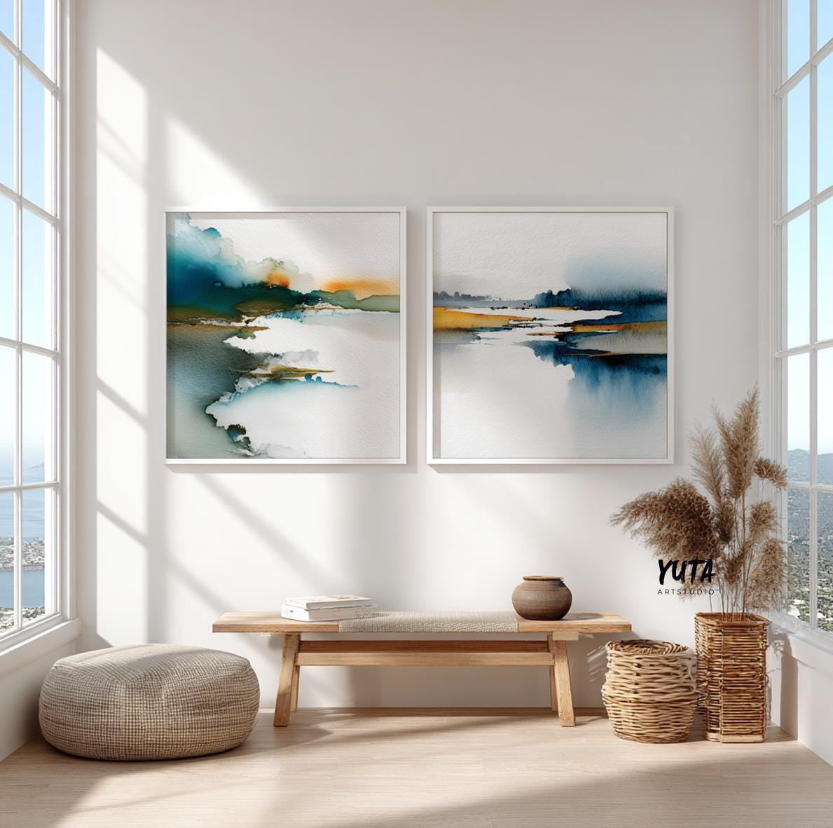Abstract Landscape Wall Art Blue Teal Mustard Watercolor Prints Modern ...