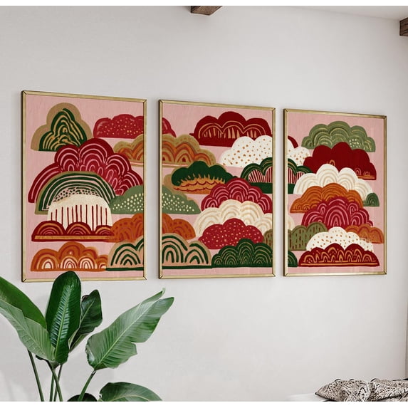 Abstract Landscape Wall Art Print Set Red Green Cloud Posters Modern ...