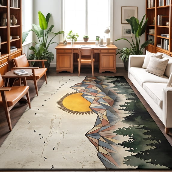 Abstract Landscape Washable Area Rug 3 x 5 ft Geometric Mountains Sun ...