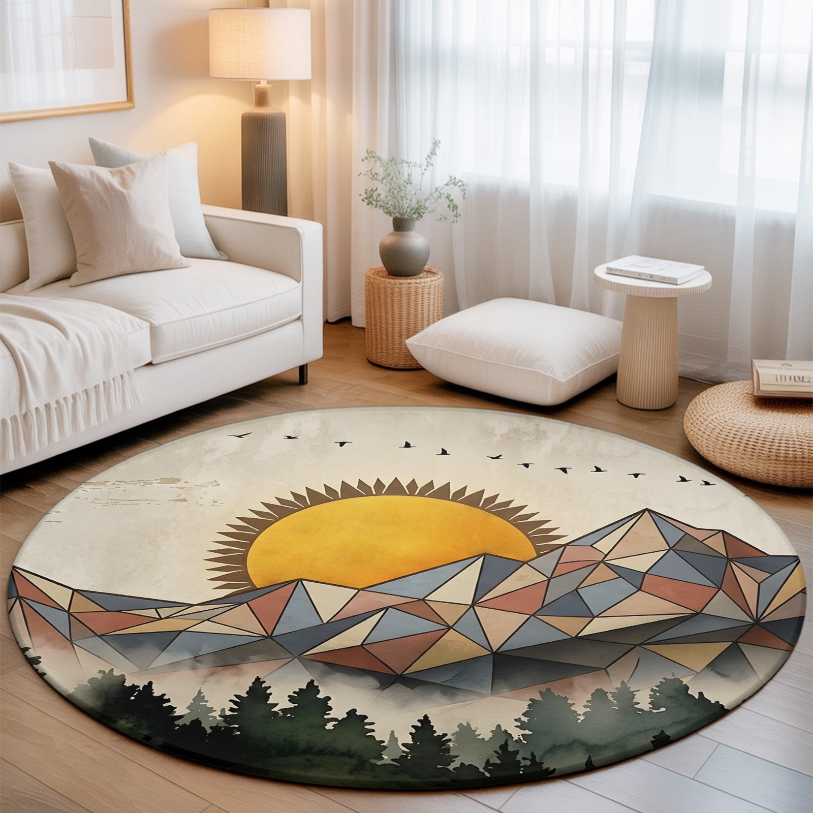 Abstract Landscape Washable Round Area Rug 6 ft, Geometric Mountains ...