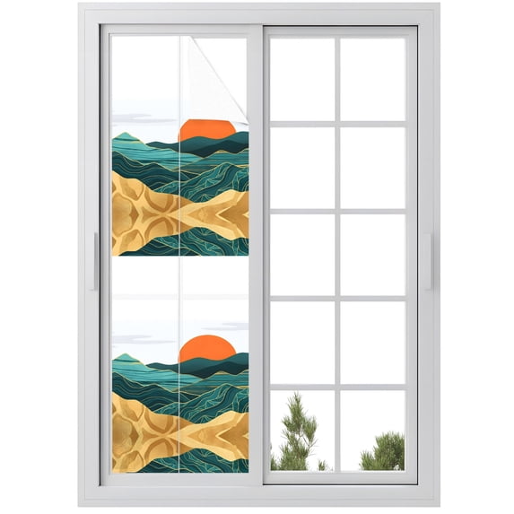 Abstract Landscape Window Privacy Film, Mountain Peaks Hills Sun Boho ...