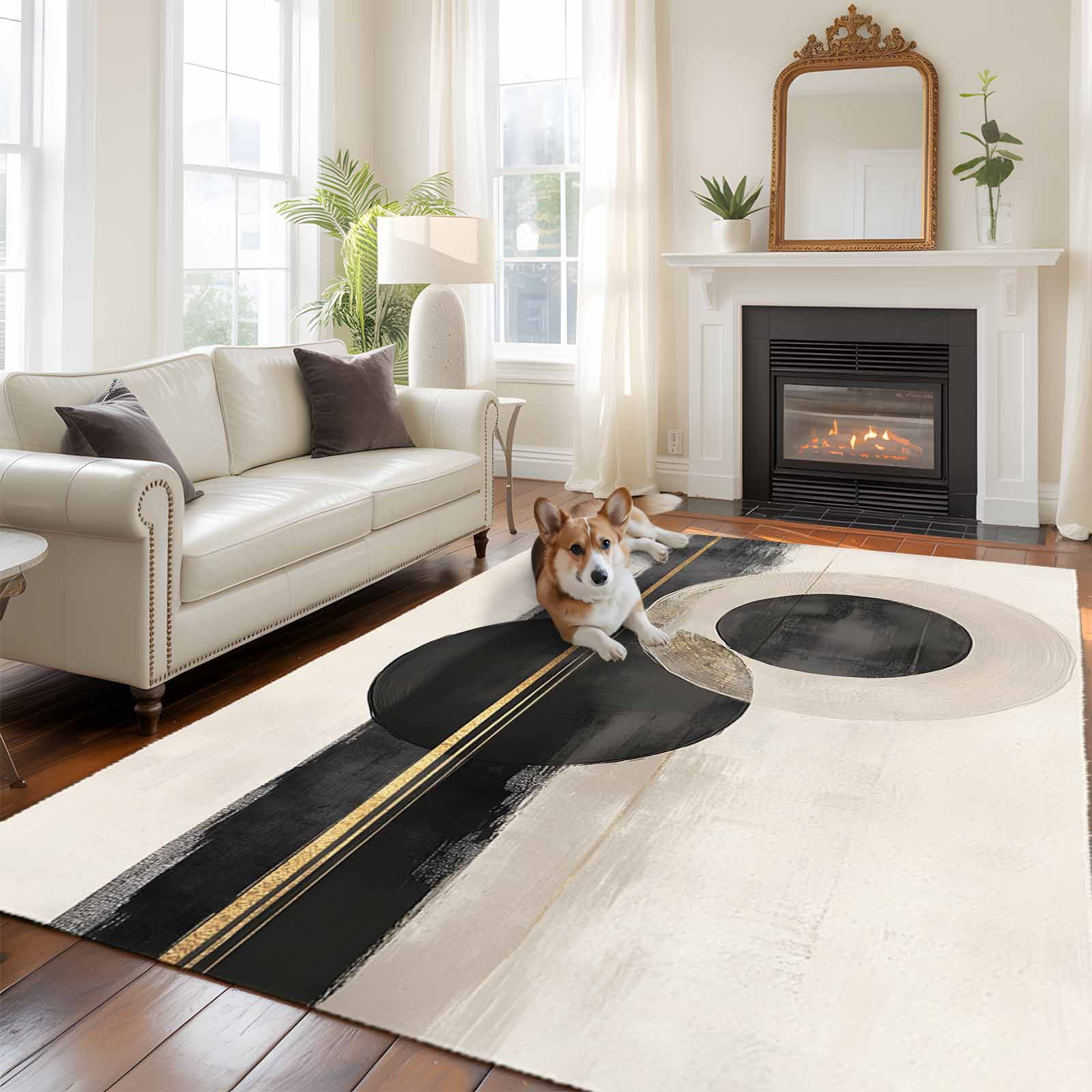 Abstract Large Area Rugs 6x9 ft Mottled Geometric Black Gold Stripe ...