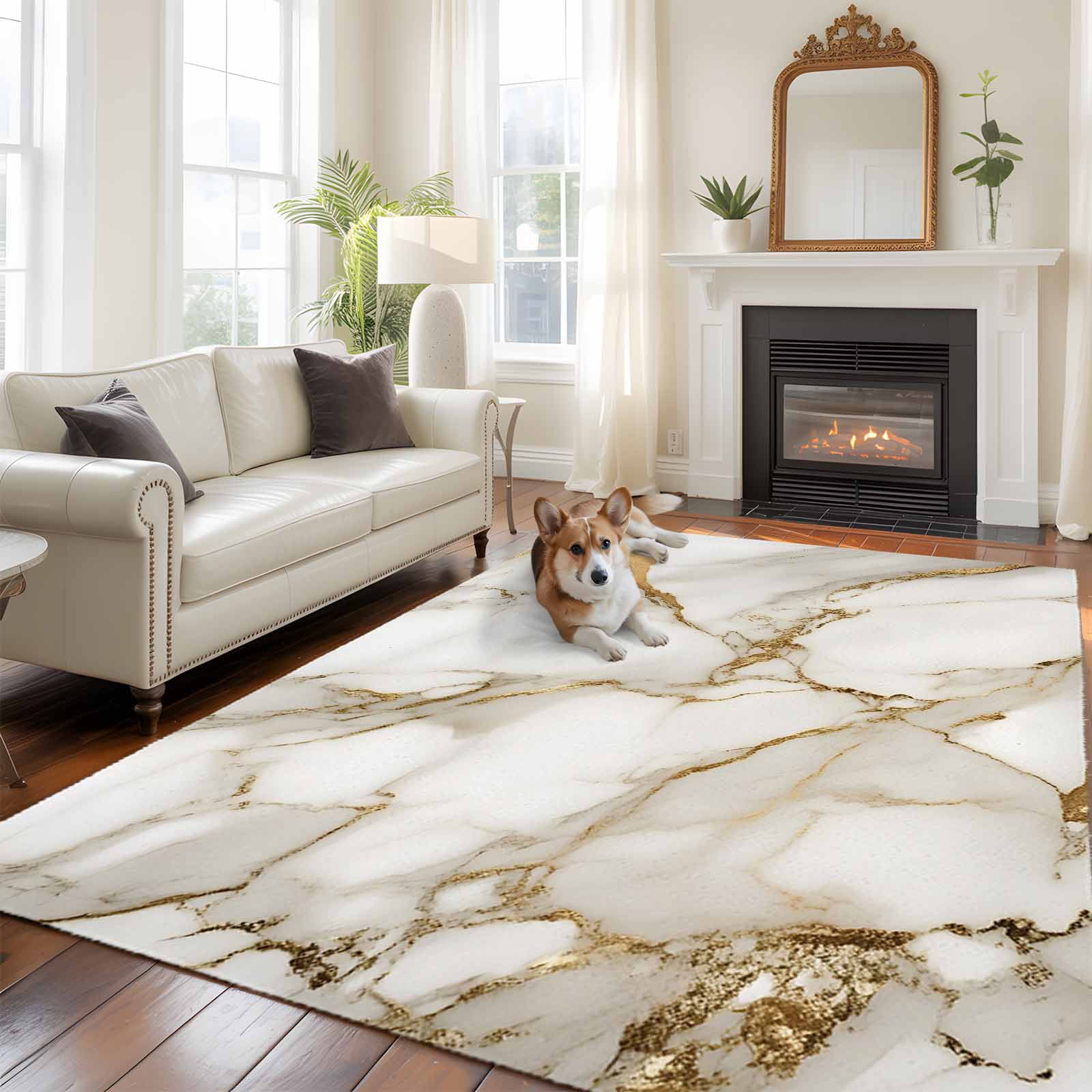 Abstract Large Area Rugs 8x10 ft White Marble Pattern Gold Crack ...