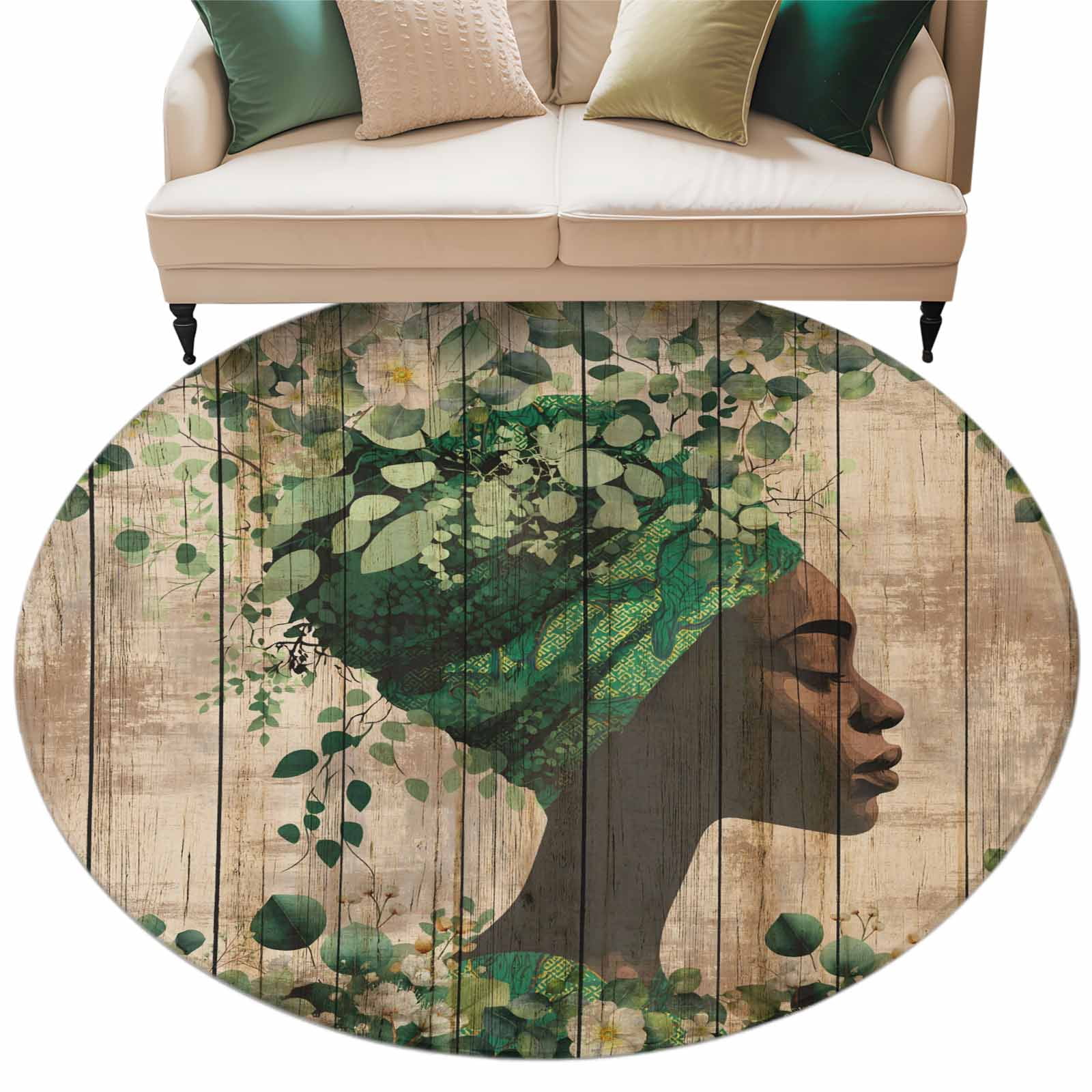Abstract Large Round Rug 7Ft Women with Head Scarves Green Eucalyptus ...