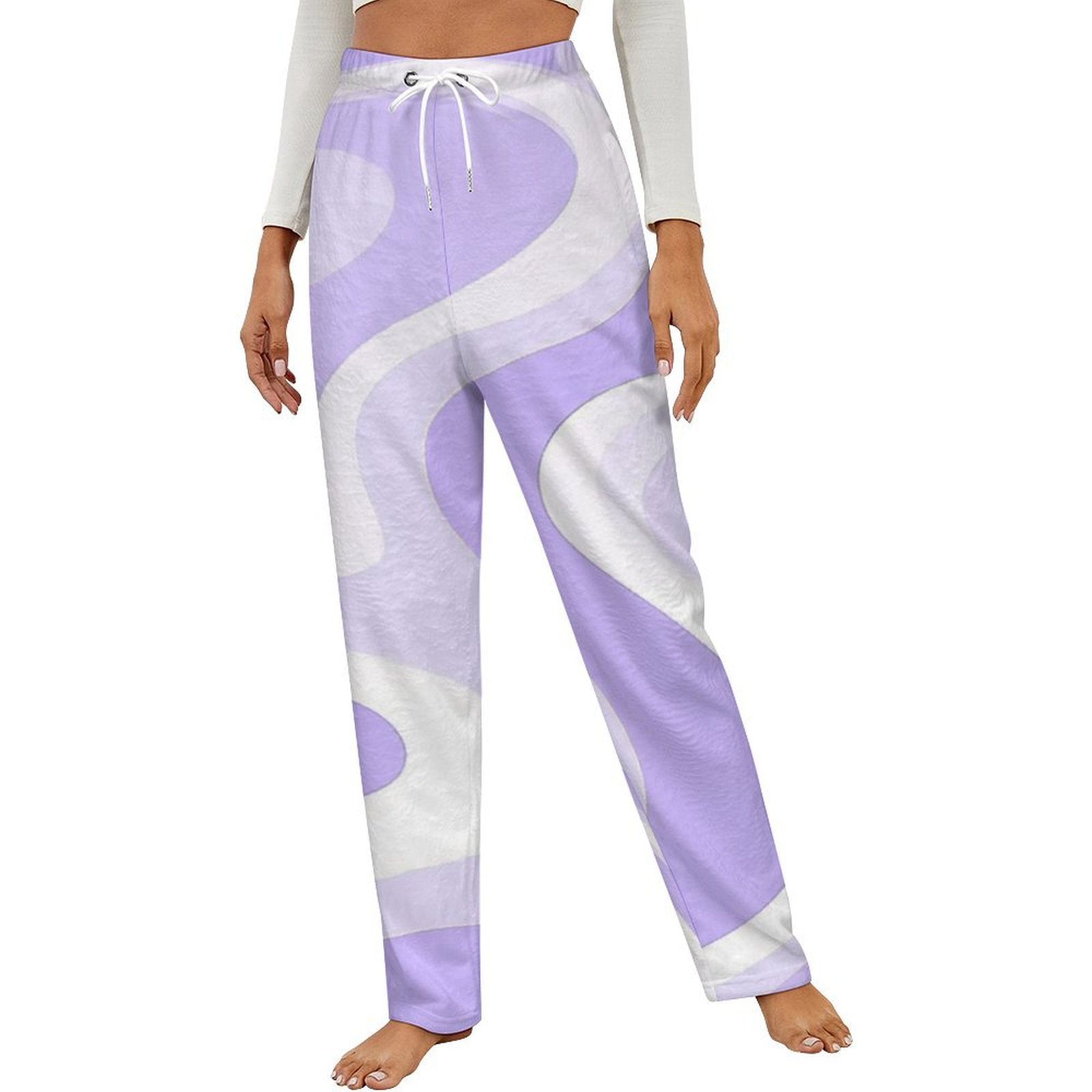 Abstract Lavender Wavy Design Winter Female Pants Flannel High Waist ...