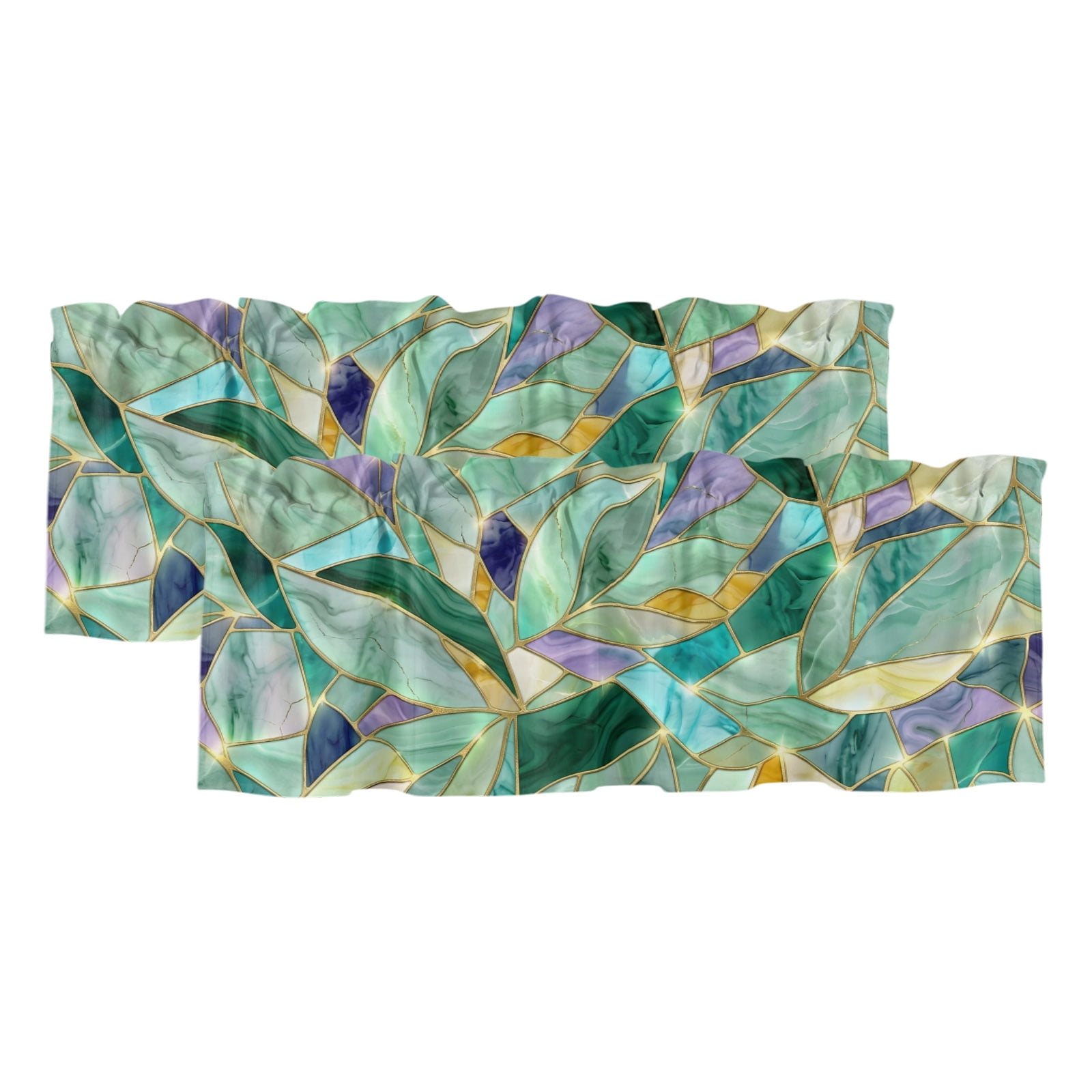 Abstract Leaf 2 Panels Kitchen Valance, Crystals Gold Veins Luxury ...