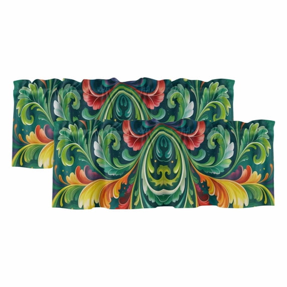 Abstract Leaf 2 Panels Kitchen Valance, Green Yellow Red Leaf Fireflies ...