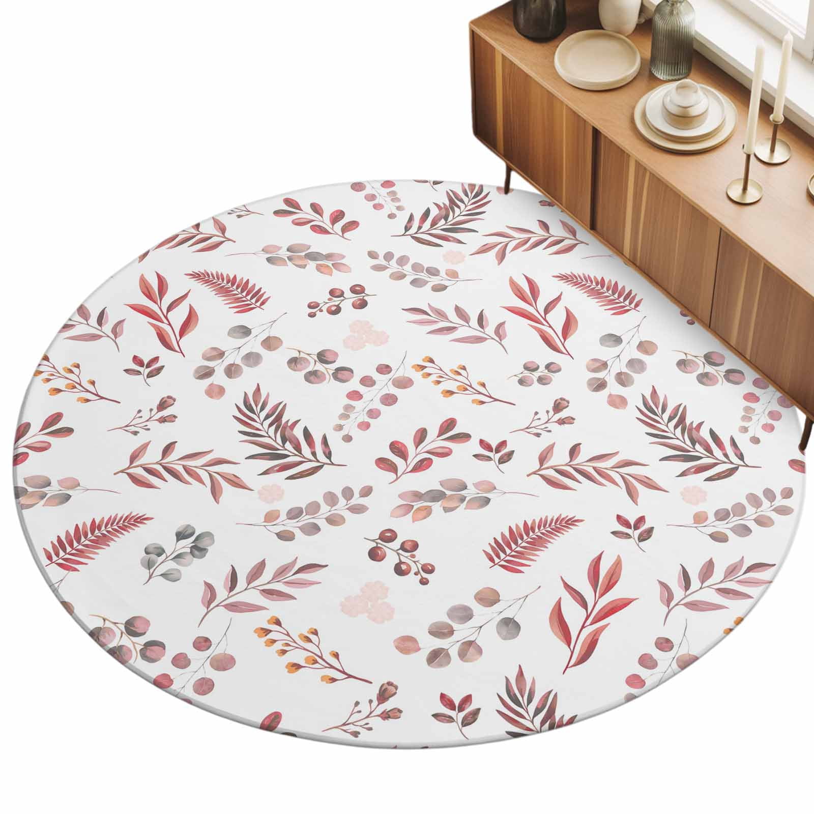 Abstract Leaf Area Rugs 3.3' (Round) Red Leaves Spring Plant Pastoral ...