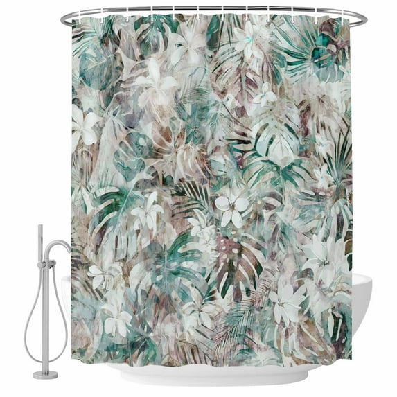 Abstract Leaf Bathroom Shower Curtains with Hooks, Spring Vintage Sage ...