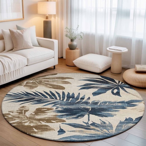 Abstract Leaf Blue Brown Round Rug 5ft Retro Linen Washable Area Rugs ...