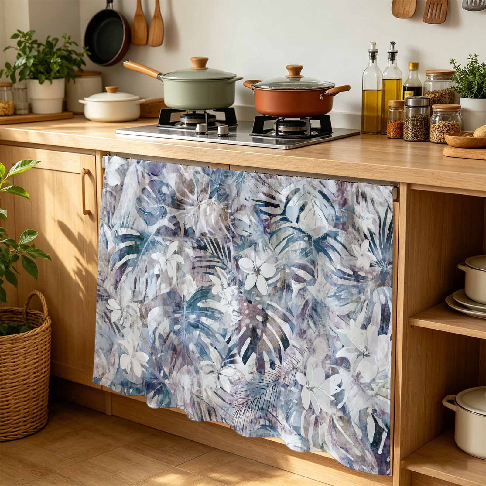 Abstract Leaf Cabinet Curtains 35" W x 35" L Spring Vintage Blue Brown ...