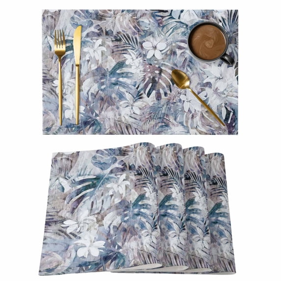 Abstract Leaf Cotton Linen Placemats Set of 1, Spring Vintage Blue ...