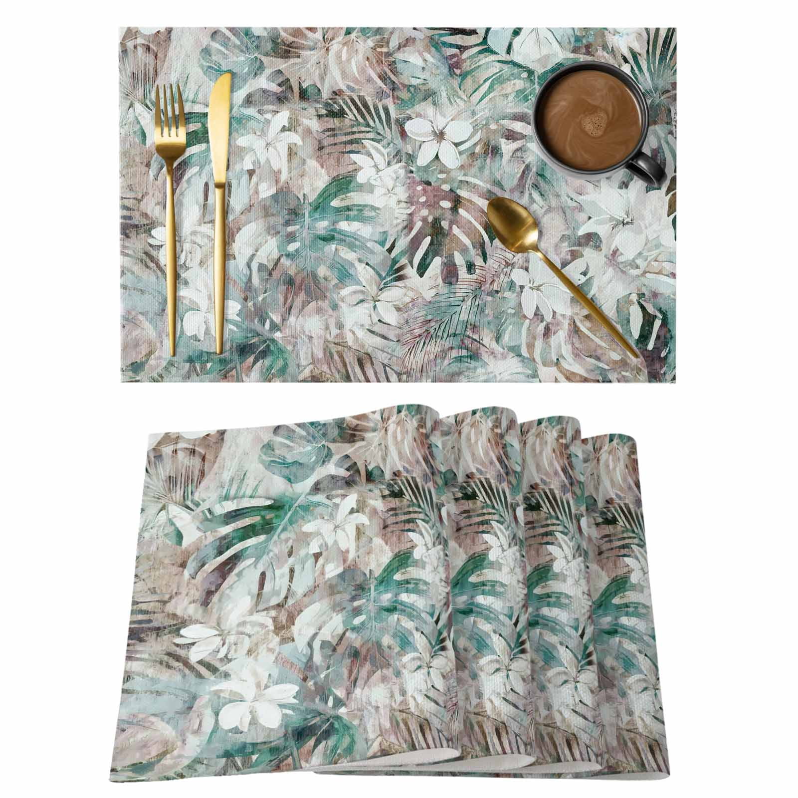 Abstract Leaf Cotton Linen Placemats Set of 4, Spring Vintage Sage ...