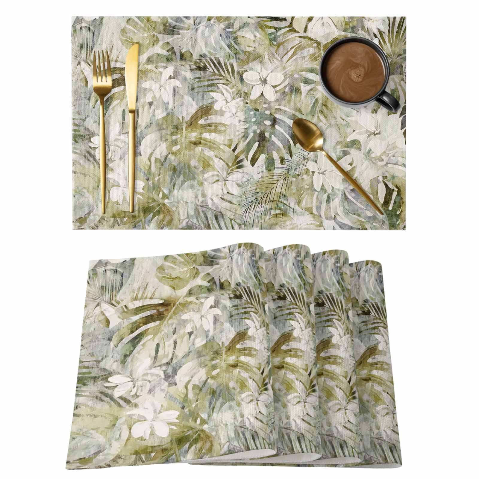 Abstract Leaf Cotton Linen Placemats Set of 6, Spring Vintage Tropical ...