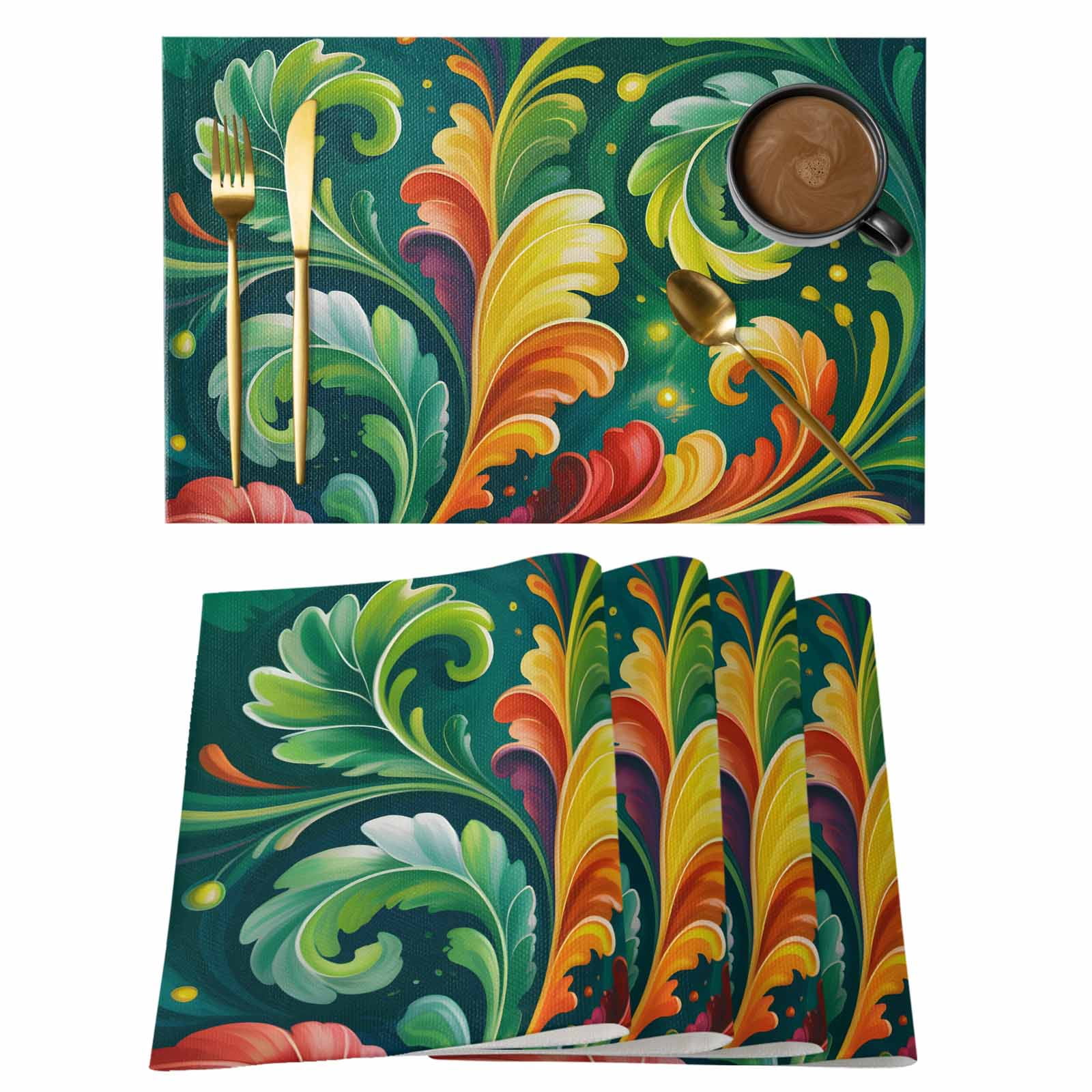 Abstract Leaf Cotton Linen Placemats Set of 8, Green Yellow Red Leaf ...