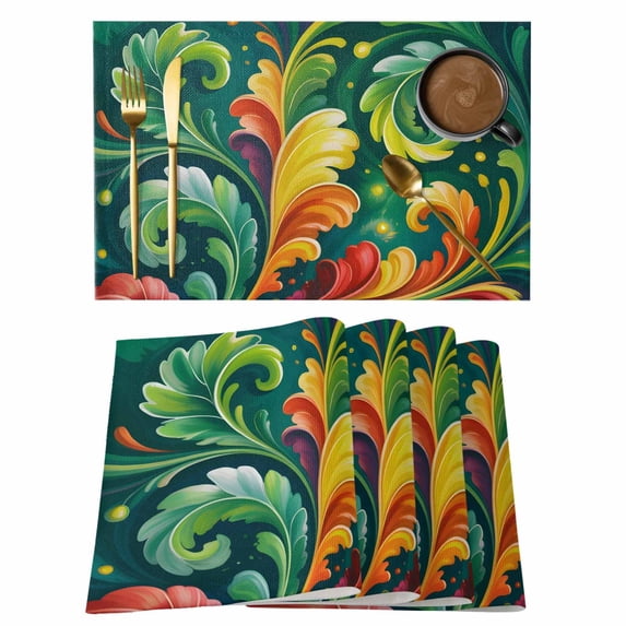 Abstract Leaf Cotton Linen Placemats Set of 8, Green Yellow Red Leaf ...