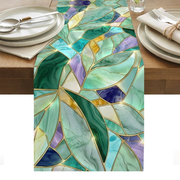 Abstract Leaf Cotton Linen Table Runner Crystals Gold Veins Luxury ...