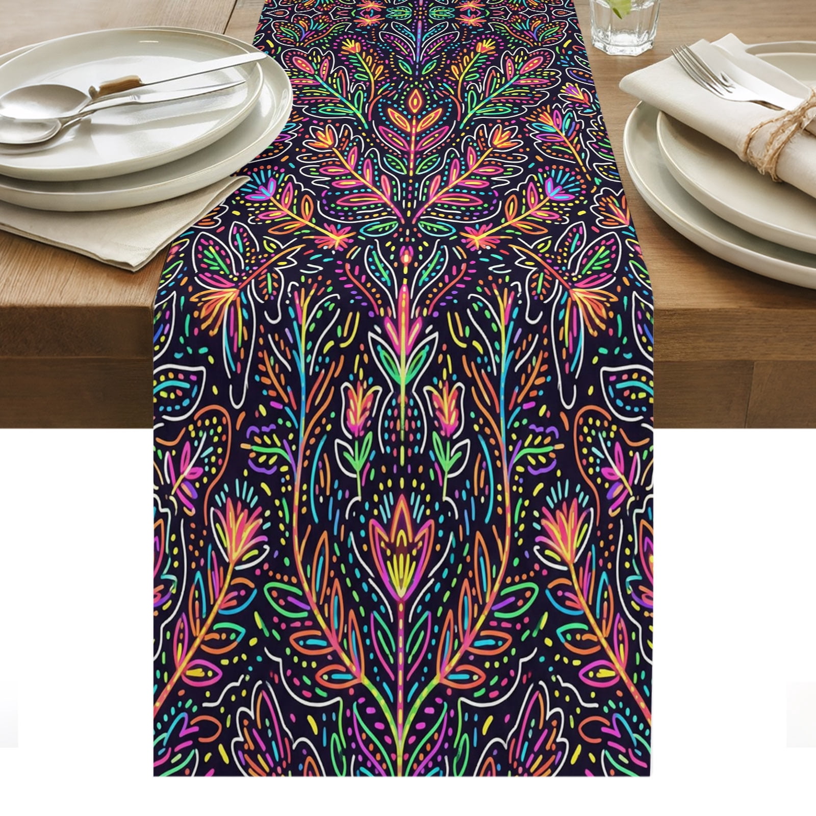 Abstract Leaf Cotton Linen Table Runner Retro Abstract Colorful Lines ...