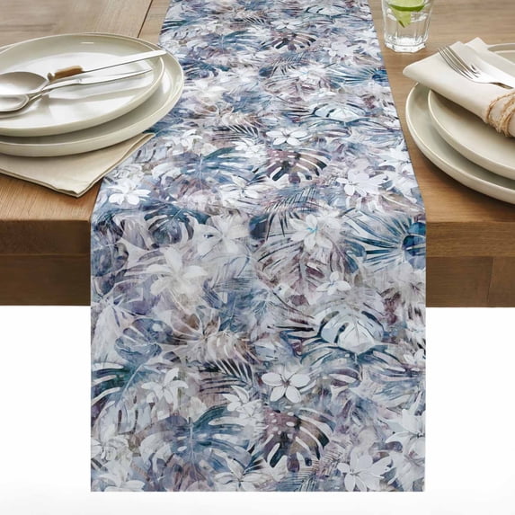 Abstract Leaf Cotton Linen Table Runner Spring Vintage Blue Brown ...
