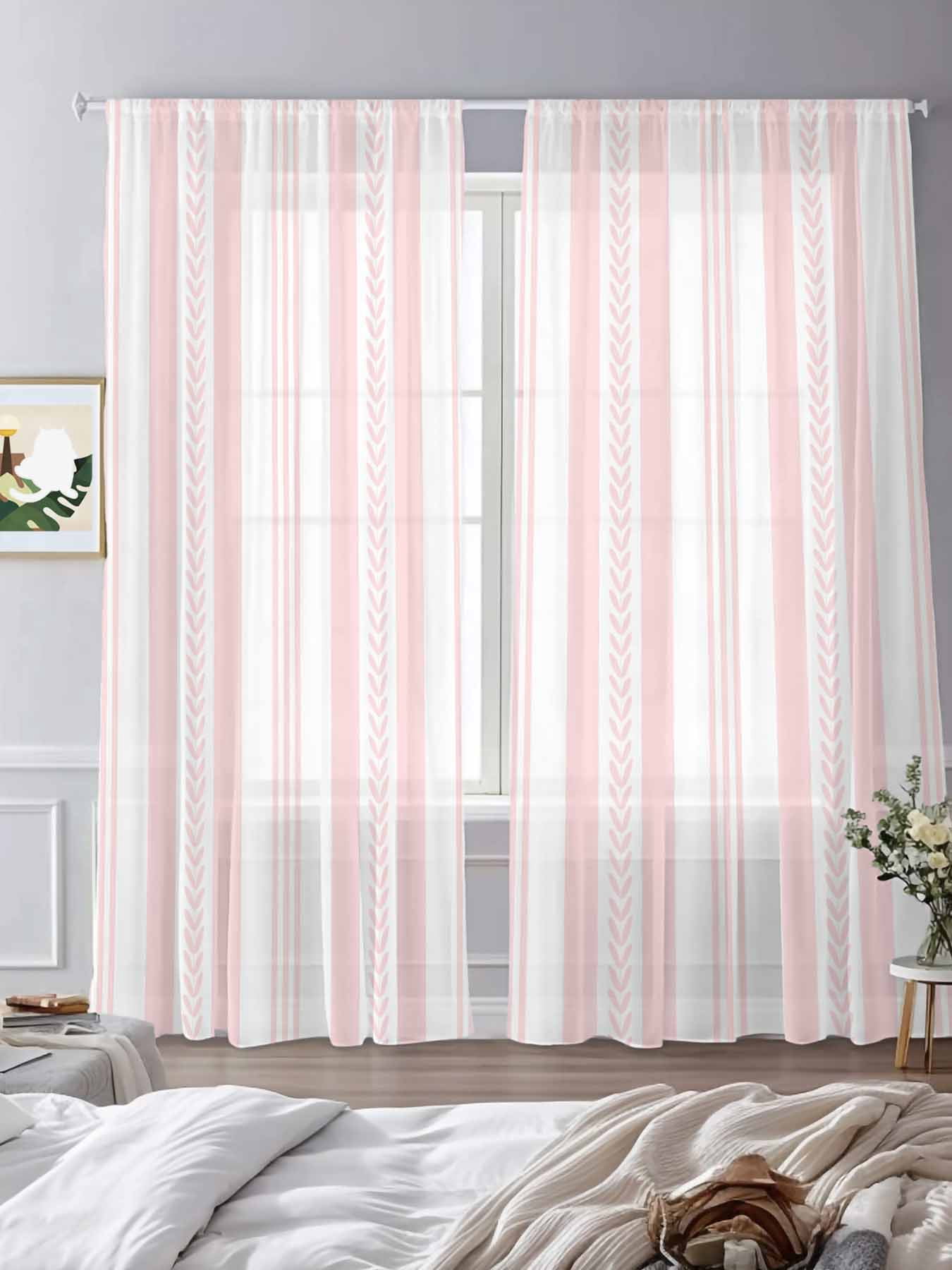 Abstract Leaf Geometric Line Sheer Curtains 2 Panels Set Modern Pink ...