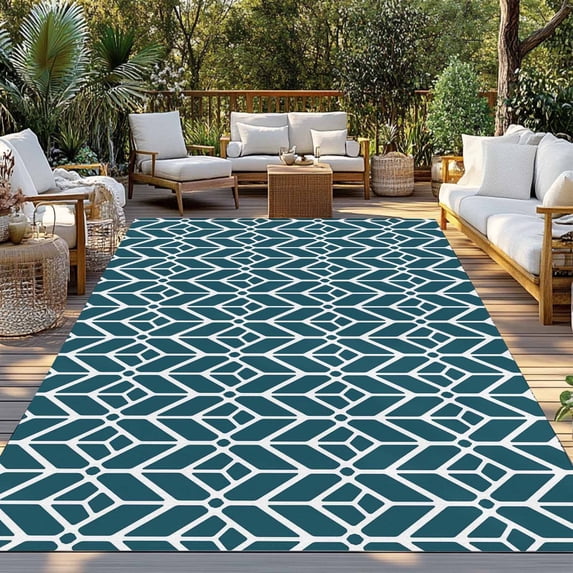 Abstract Leaf Indoor Outdoor Rugs 5x7 Ft, Art Abstract Geometric Teal ...