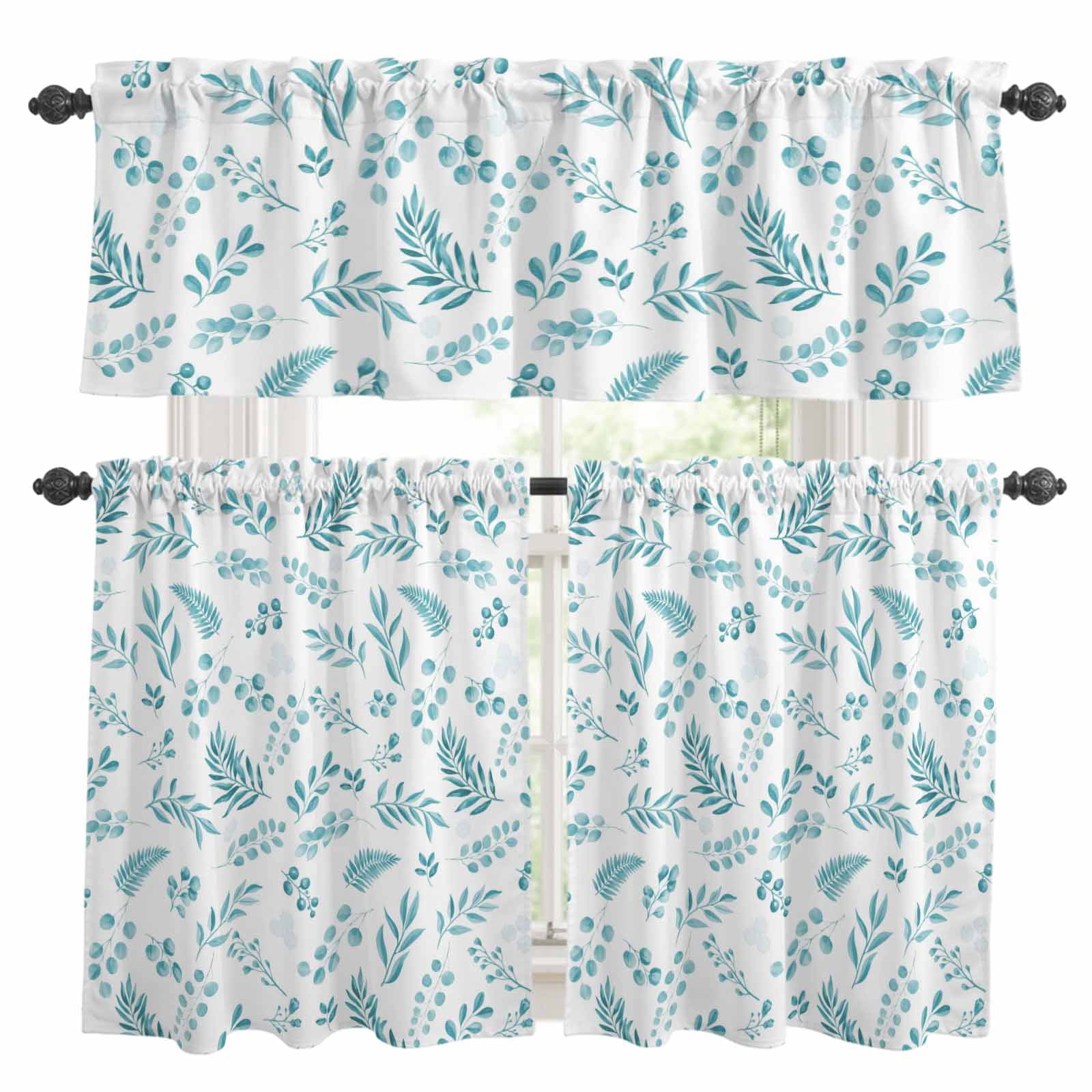 Abstract Leaf Kitchen Curtains Set for Windows, Blue Leaves Spring ...