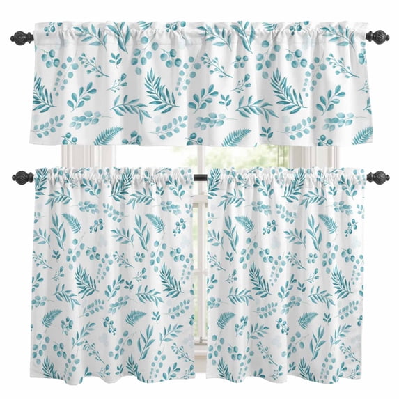Abstract Leaf Kitchen Curtains Set for Windows, Blue Leaves Spring ...