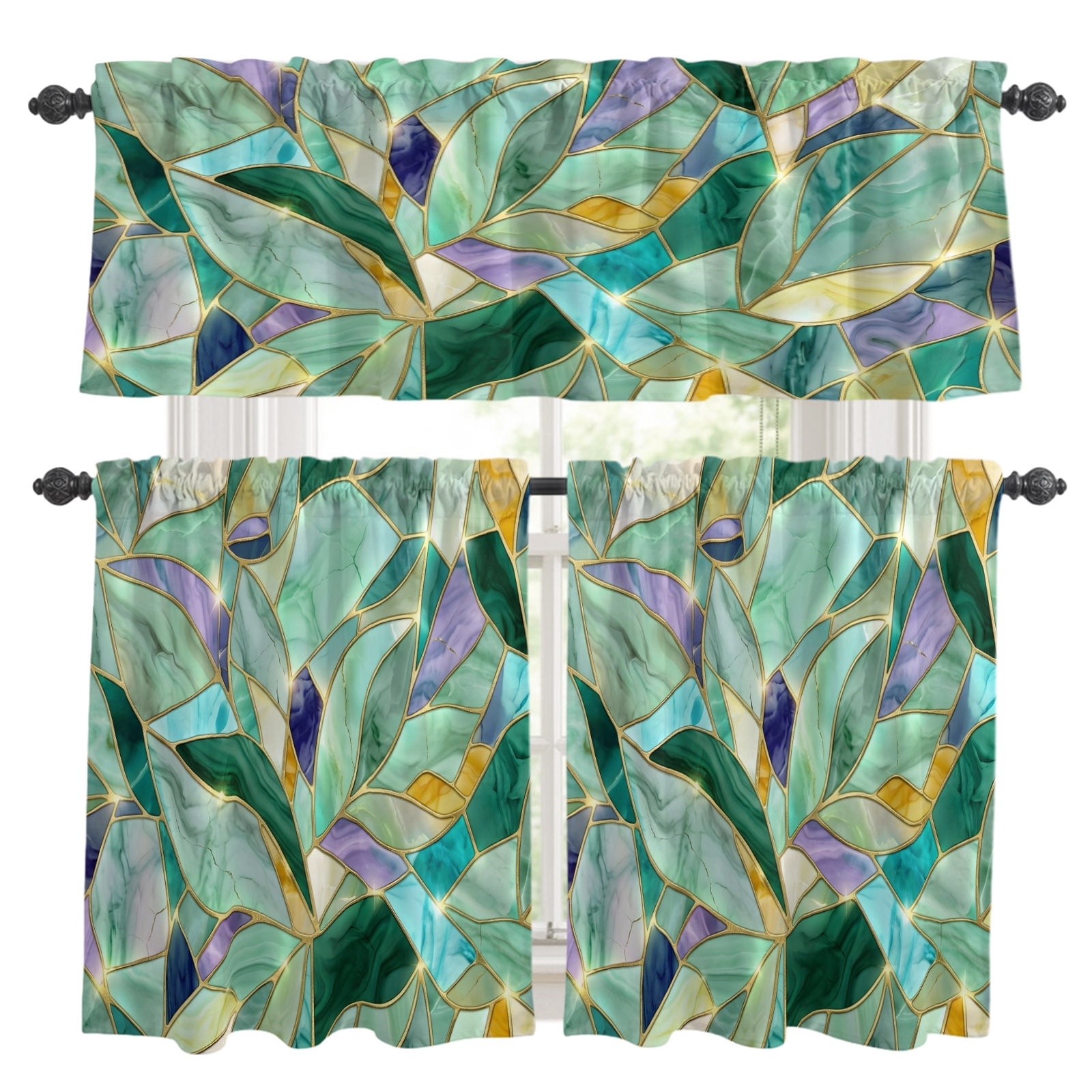 Abstract Leaf Kitchen Curtains Set for Windows, Crystals Gold Veins ...