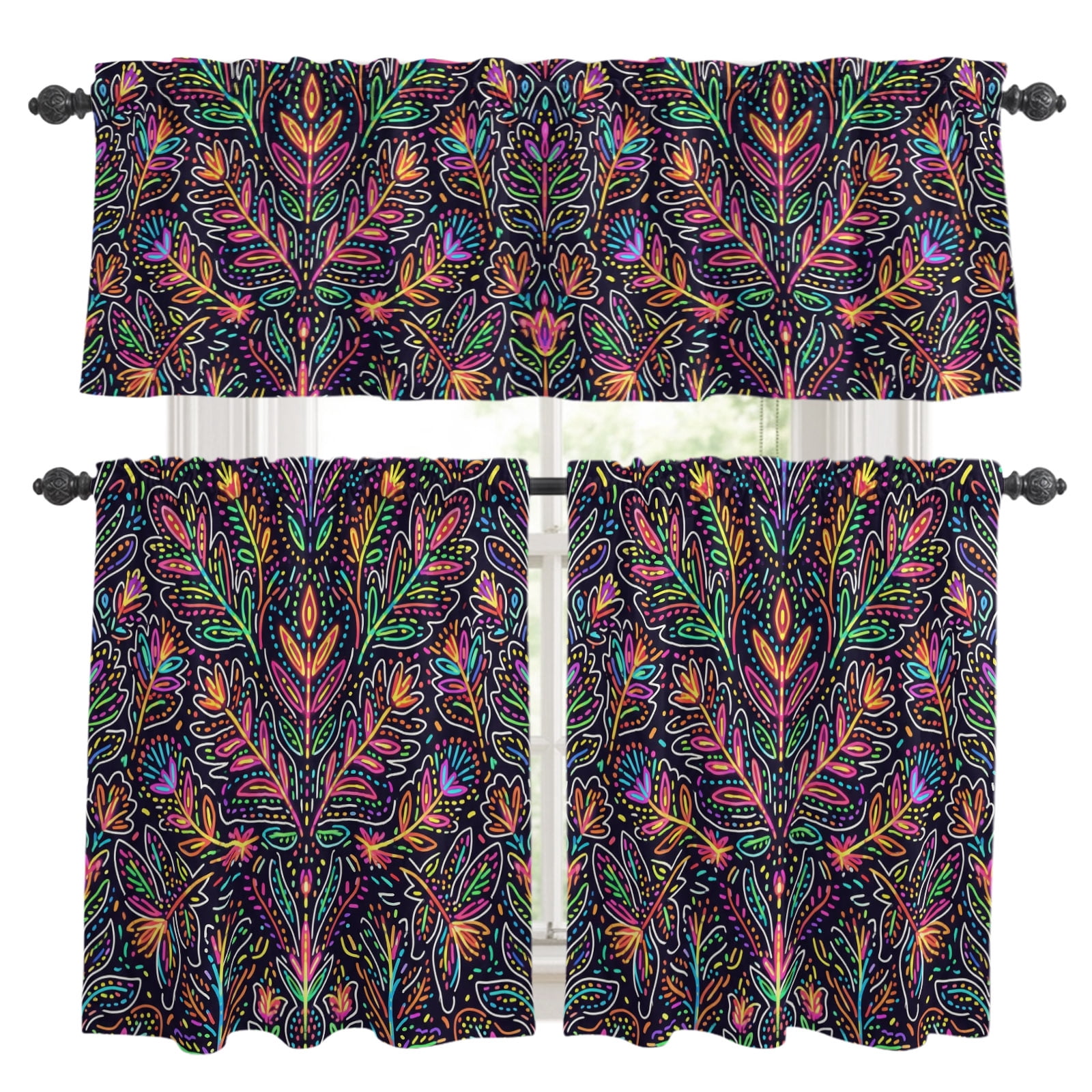 Abstract Leaf Kitchen Curtains Set for Windows, Retro Abstract Colorful ...