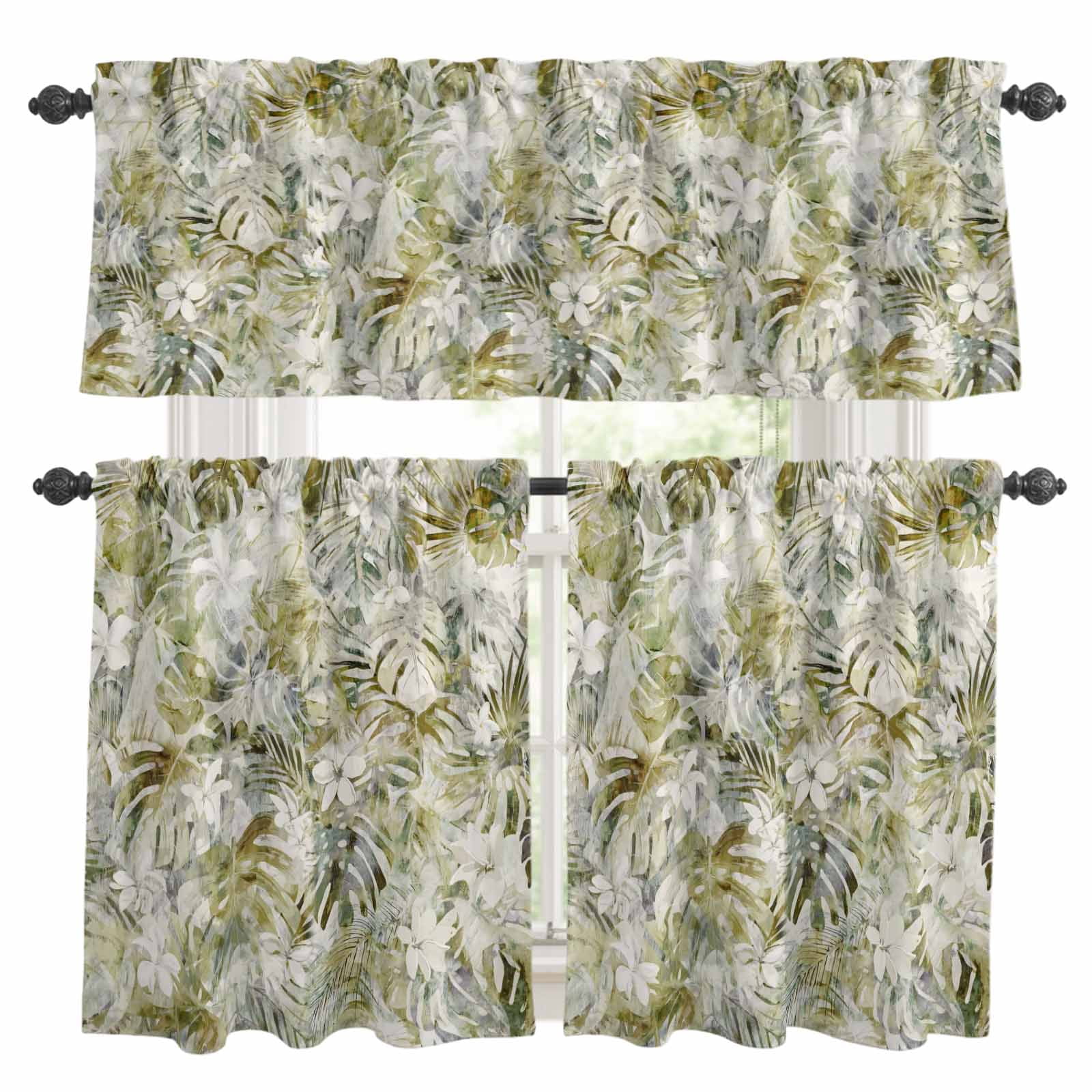 Abstract Leaf Kitchen Curtains Set for Windows, Spring Vintage Tropical ...