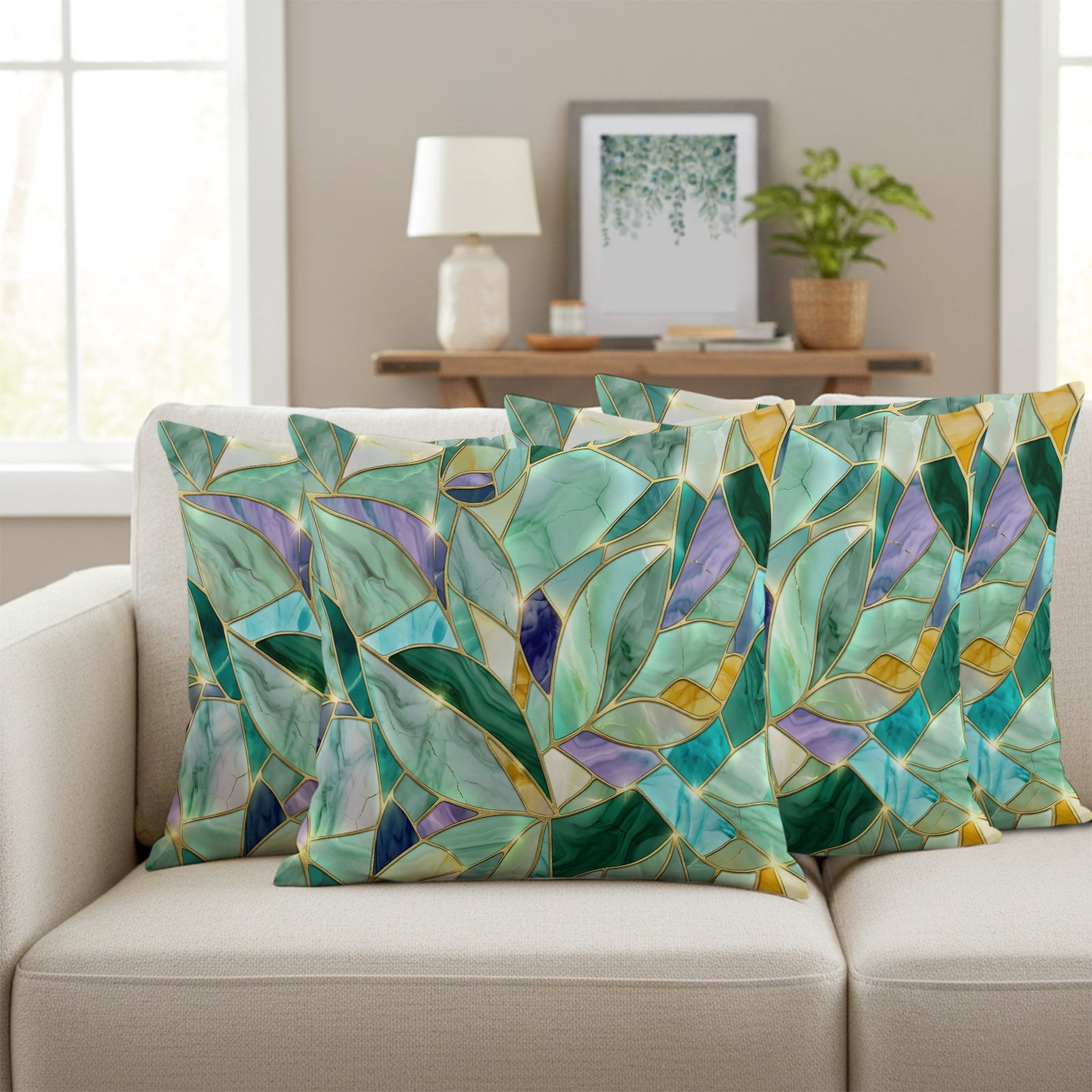 Abstract Leaf Pillow Covers Set of 4, Crystals Gold Veins Luxury 20x20 ...
