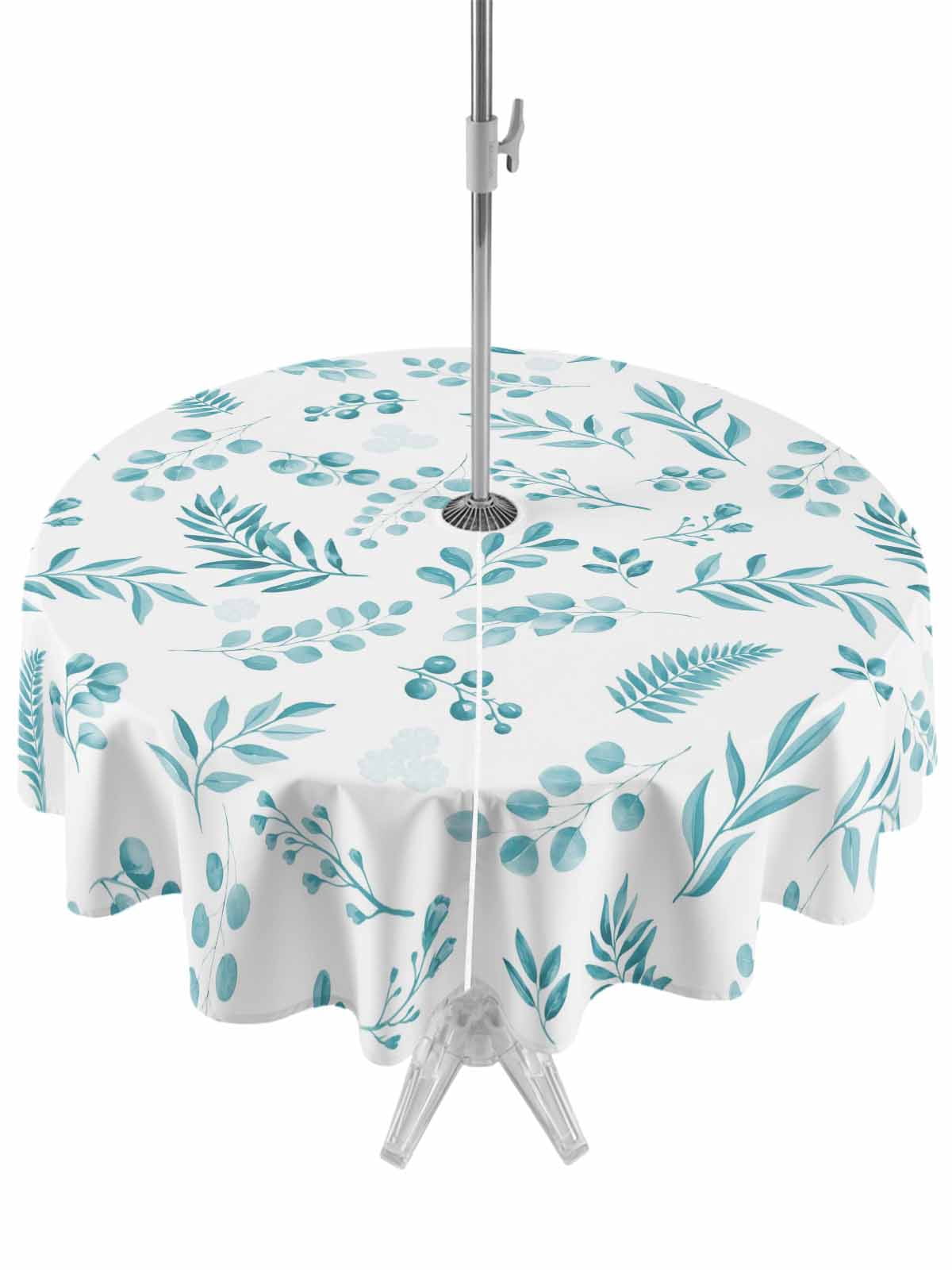 Abstract Leaf Round Outdoor Tablecloth with Umbrella Hole Blue Leaves ...