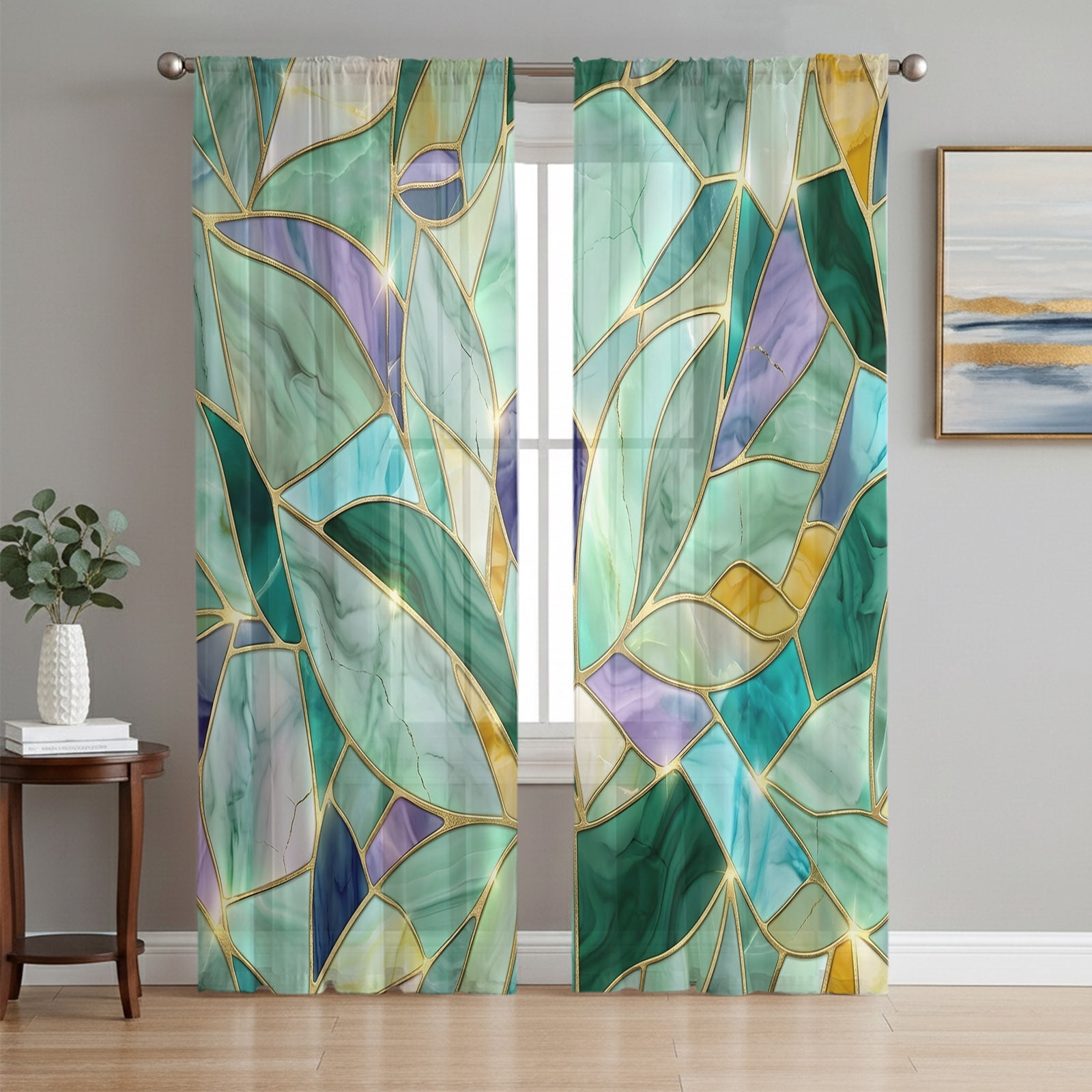 Abstract Leaf Sheer Curtains for Living Room Bedroom, Crystals Gold ...